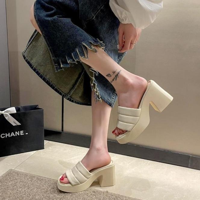 MBA Fashion Square Toe Thick Heel High Heel Slippers for Women - TikTok ...