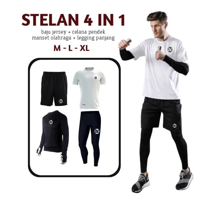 Promo Paket 4 in 1 Baju Jersey Celana Pendek Pria Olahraga dan Manset ...