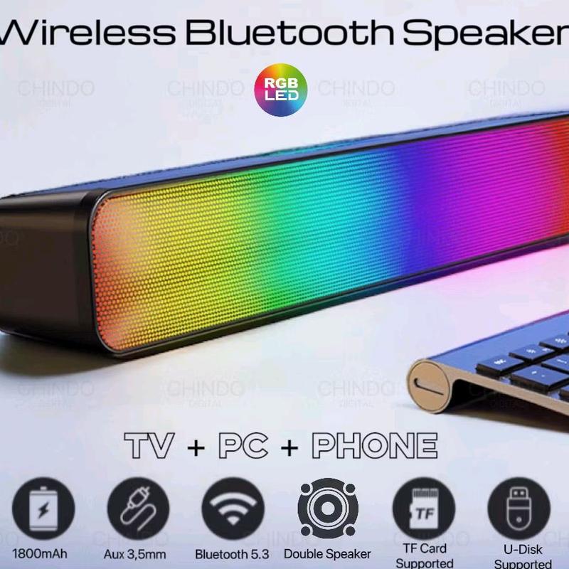 Speaker Bluetooth Powerful Bass Stereo Long RGB Lampu LED Soundbar TV ...