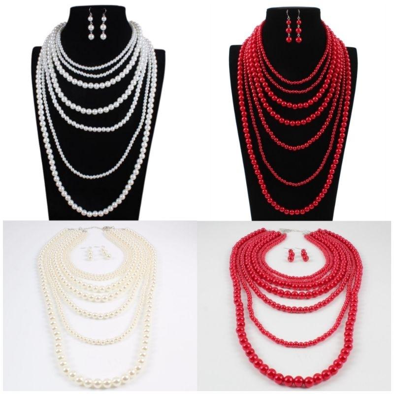 LZ Set 2 in 1 Rantai 7 Layer & Anting-anting Manik Panjang Long ...