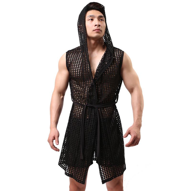 Men Mesh Robes Sexy Man Fishnet Bathrobe Long Robe Soft Sleepwear ...