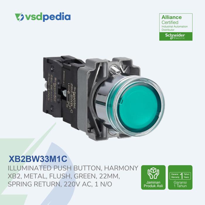 Promo SCHNEIDER HARMONY XB2 ILLUMINATED PUSH BUTTON METAL GREEN TOMBOL ...