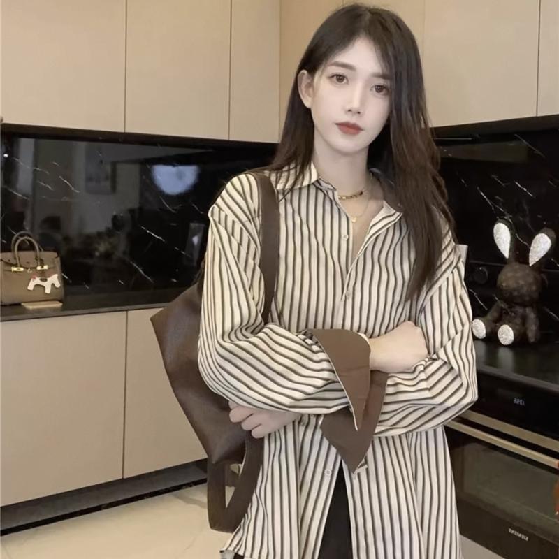 W295 Musim bunga dan musim luruh baru Perancis baju berjalur menegak ...