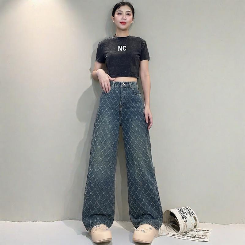 NAMCHA กางเกงยีนส์ กระบอกใหญ่ ยีนส์แฟชั่น กระบอกลิซ่า สกิดลายผ้า ...