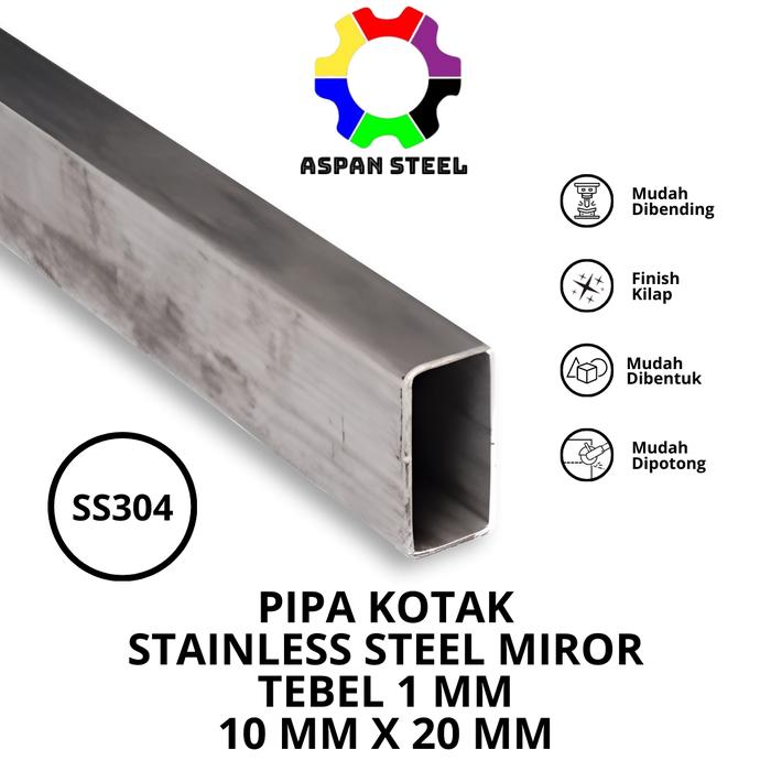 Jual Pipa kotak 10 mm x 20 mm x tebel 1 mm stainless steel miror 304 ...