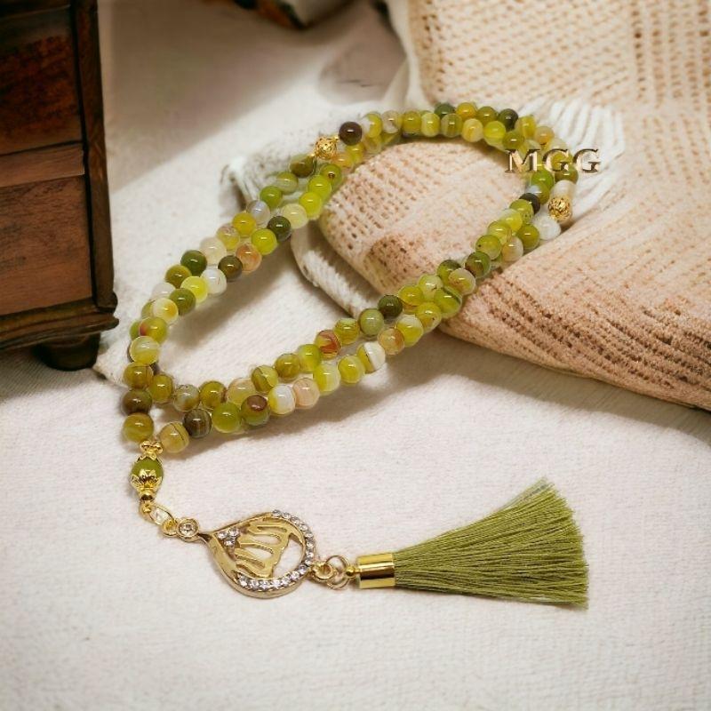 TASBIH BATU YELLOW MANAU AGATE+LAFADZ ALLAH 99 BUTIR 8MM ORIGINAL ...