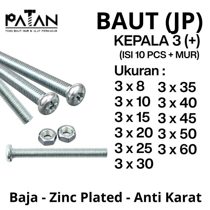 Jual [ISI 10 PCS] Baut JP dan Mur M3 (Panjang 8-60) Pan Head (Kepala ...