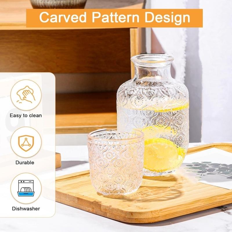 1 Count Embossed Glass Water Bottle Set, Glass Water Jug Juice Pitcher ...