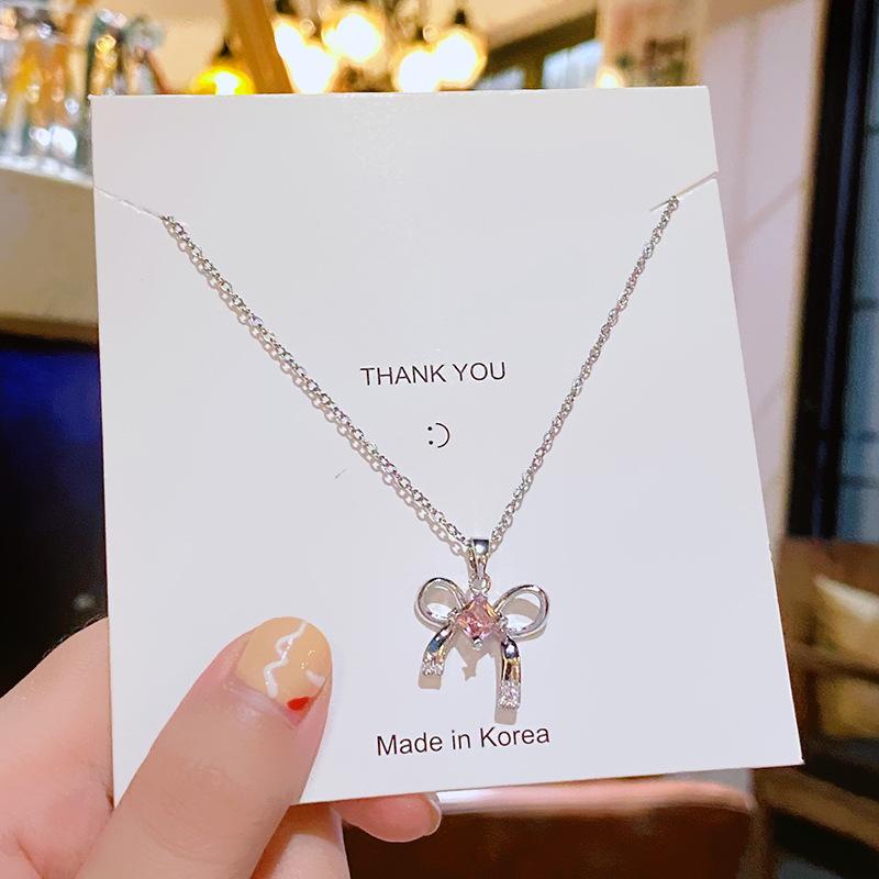 ME11 Kalung Baja Titanium Bentuk Pita Diamond Pink Persegi Fashion ...