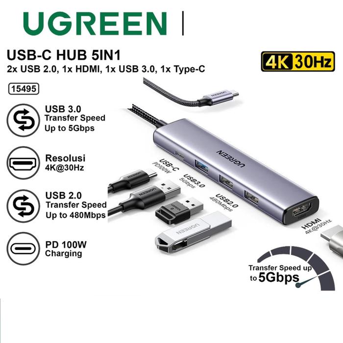 Jual Ugreen 15495 USB Hub 5-in-1 Type C to USB A 3.0 / 2.0 USB-C ...