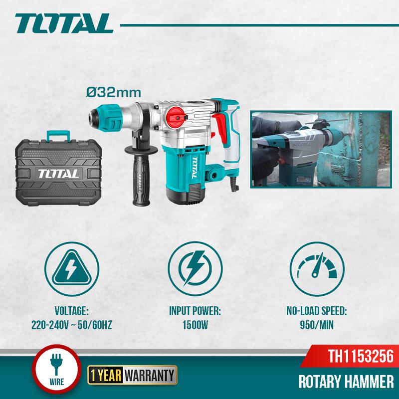 TOTAL Rotary Hammer (1500W/Force 5.5J) + Drill Bit (3 Pcs) + Chisel ...