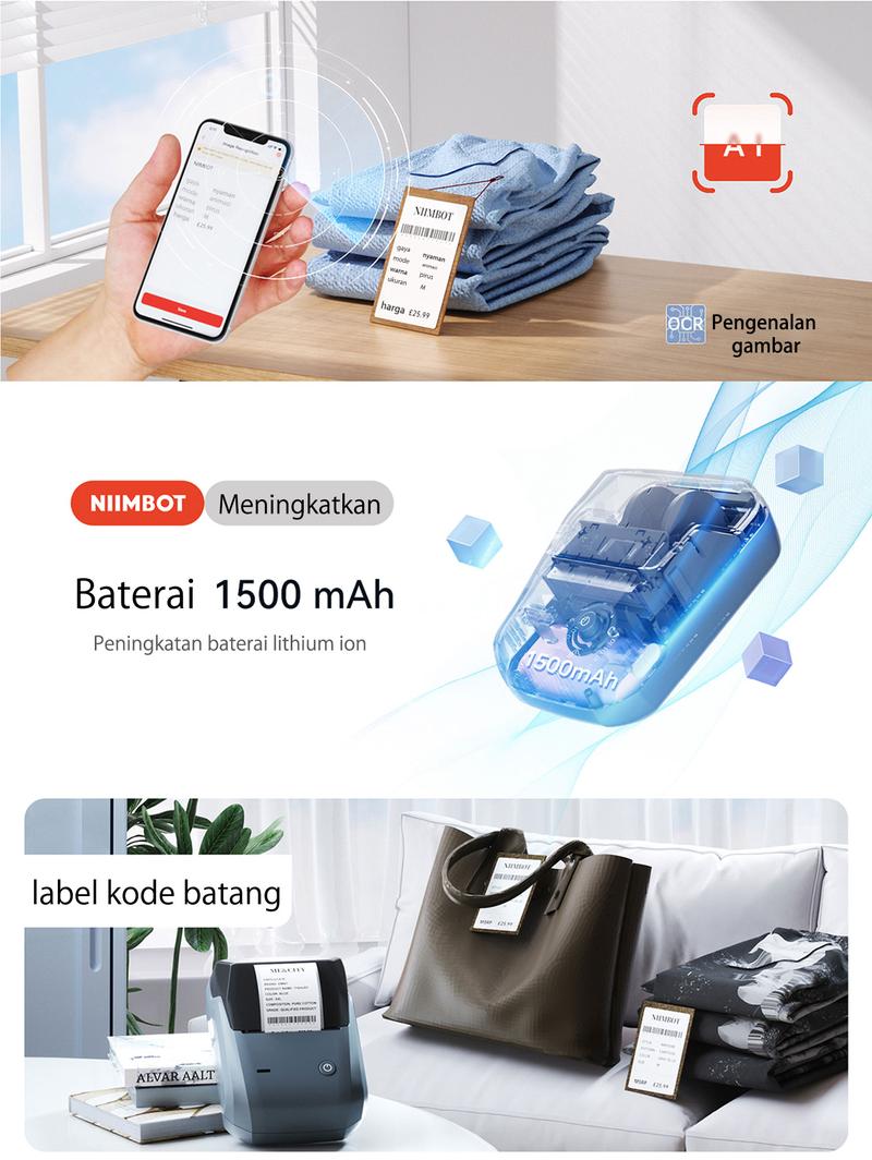 Mesin Label Pintar NIIMBOT B1, Printer Label Bluetooth Tanpa Tinta ...