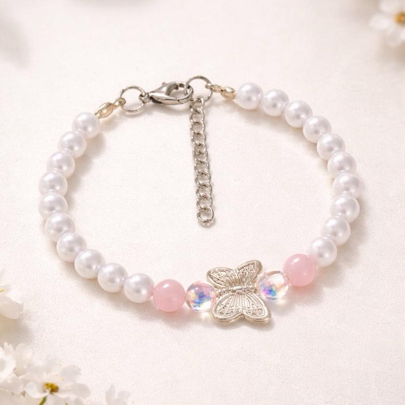 Gelang Manik Mutiara Putih Aesthetic Classy dengan Hiasan Kupu-kupu dan ...