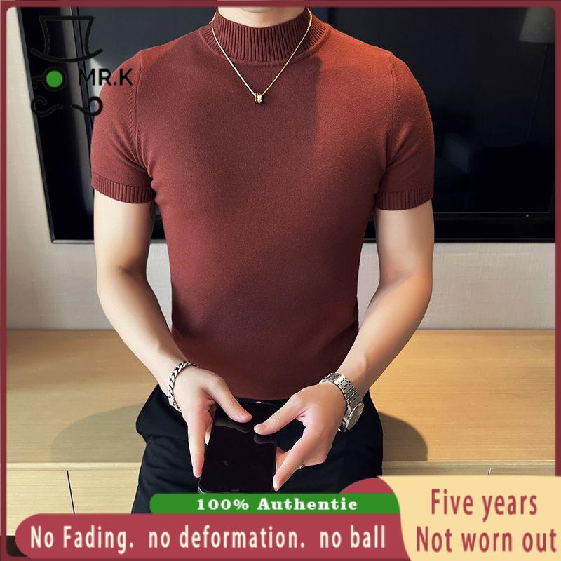 Kemeja-t lengan pendek turtleneck lelaki, baju lapisan asas rajutan ...