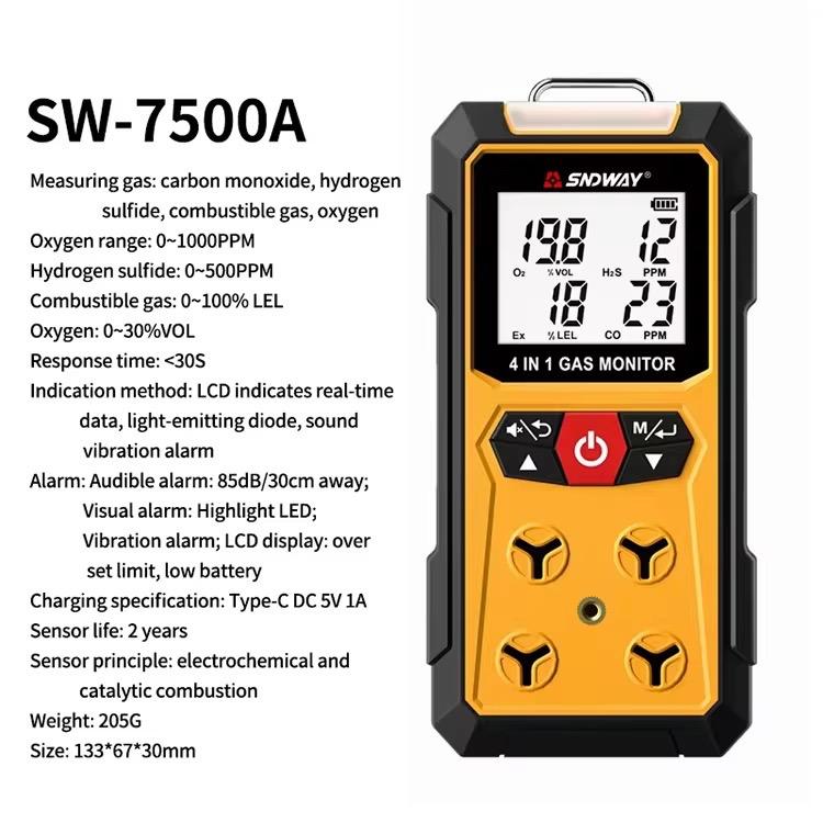 Gas Detector Sndway SW-7500A CO H2S O2 EX 4in1 Combustible LEL Sensor ...