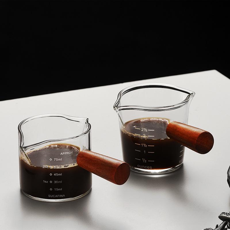 Glass small milk cup with scale coffee cup wooden handle coffee ...