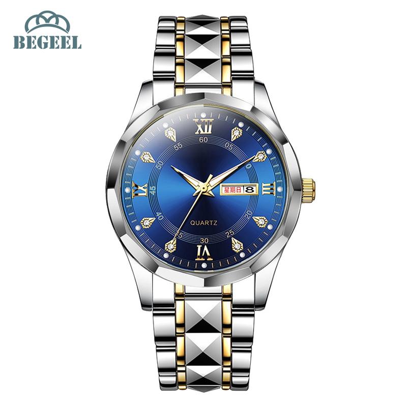 Jam Tangan Lelaki, BEGEEL, Cangkang Perak, Permukaan Biru, Jalur ...