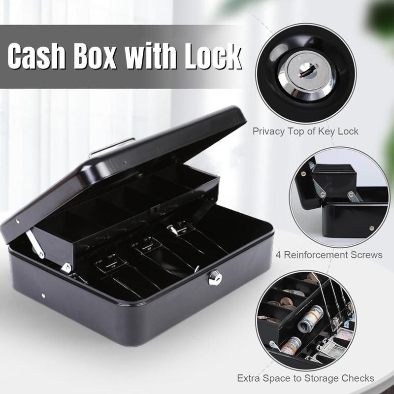 Metal Petty Cash Box Handle Tray Safe Money Coins Bill Key Security ...