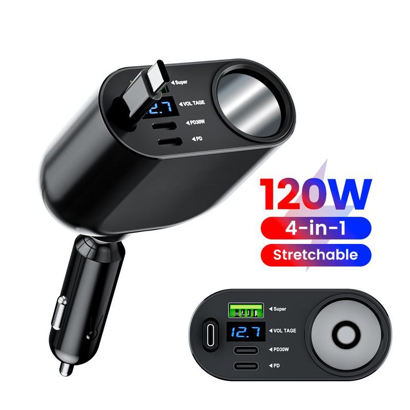 4-in-1 Retractable Car Charger USB Type C Cable 120W Fast Charging ...