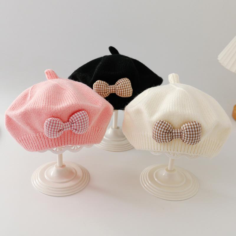 Cute Bow Baby Girl Beret Hat Autumn Winter Knitted Woolen Elastic ...