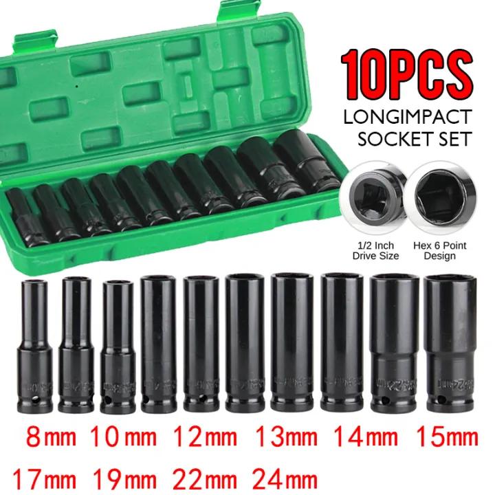 10PCS 1/2" Long Impact Socket Set 8-24mm Extra Long Deep Impact ...