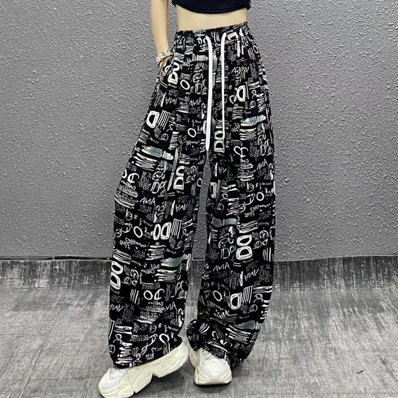 Ice Silk White Square Casual Wide Leg Baggy Pants Women New Summer ...