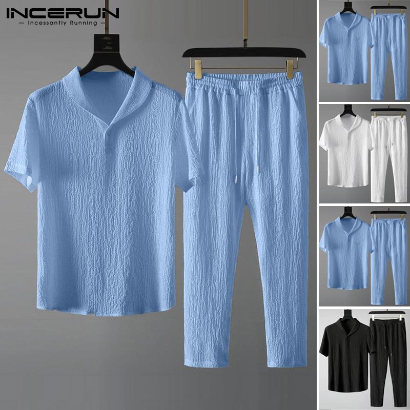 INCERUN Mens Short Sleeve Casual Plain T Shirt+Pants Suits Loose ...