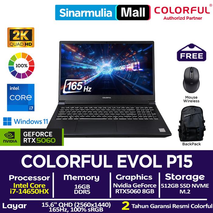 Promo COLORFUL EVOL P15 i7-14650HX RTX5060 512GB SSD 16GB 2K QHD 165Hz ...