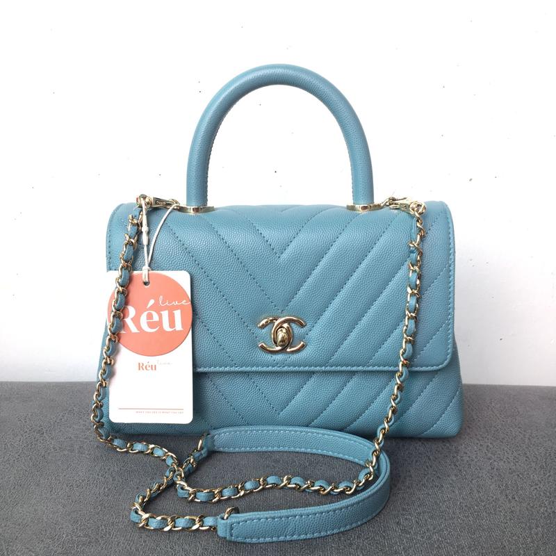 Reu - Chanel Coco Handle Mini Iridescent Misty Blue Caviar Chevron ...