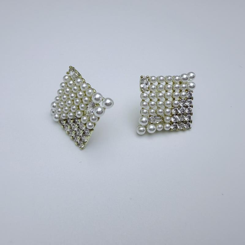 Elegant Golden Grid Earrings with Pearl Embellishments - TikTok Shop ...