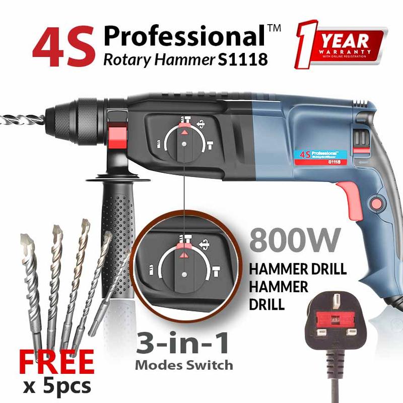 4S Professional S1118 SDS Plus Impact Rotary Hammer Drill 800W + 5pcs ...