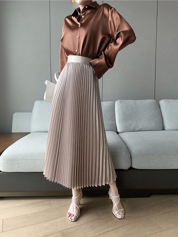 High Waist Pleated Skirt for Women Elegant Satin Long Skirt Silk ...