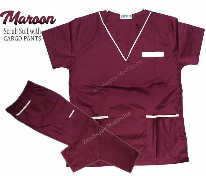 Scrub Suit Set with Piping & Cargo Pants (Maroon) [LCC] [Cotton ...