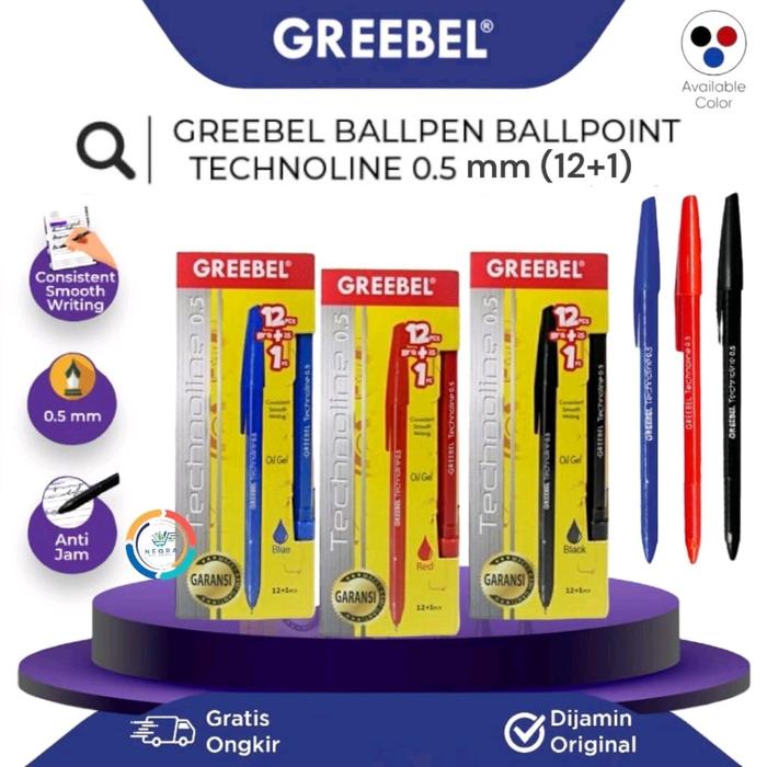 Jual Greebel Ballpen Technoline 0.5 Black / Blue / Red ink (12 free 1 ...