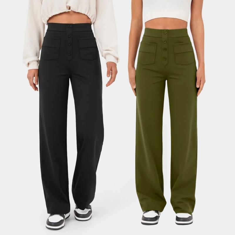 Front Pocket Pants with Button Loose Straight Cut Wide-Leg High-Waisted ...