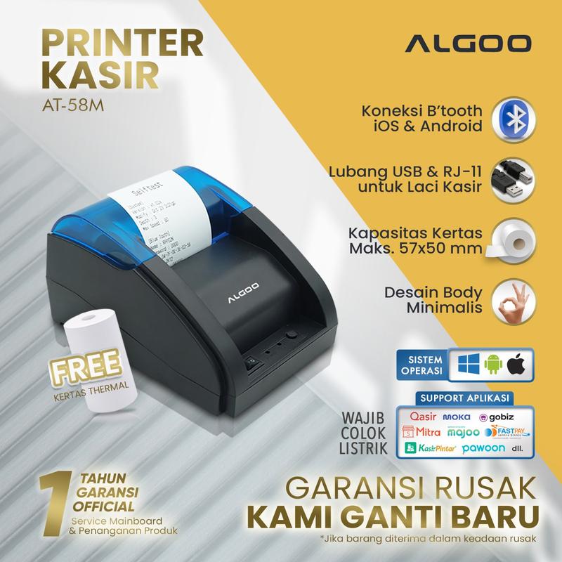 ALGOO AT-58M Printer Thermal Struk Nota Tanpa Tinta USB Bluetooth ...