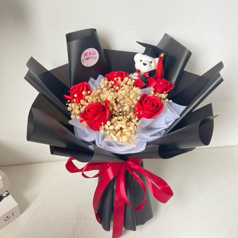 Rose Bouquet for graduation ( soap flower , baby breath & teddy - TikTok Shop Malaysia