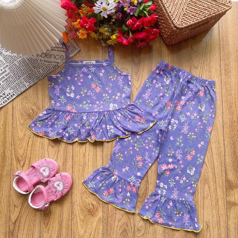 Lavender-HPT Girls Cotton Sleeveless Top with bell bottom ruffle ...