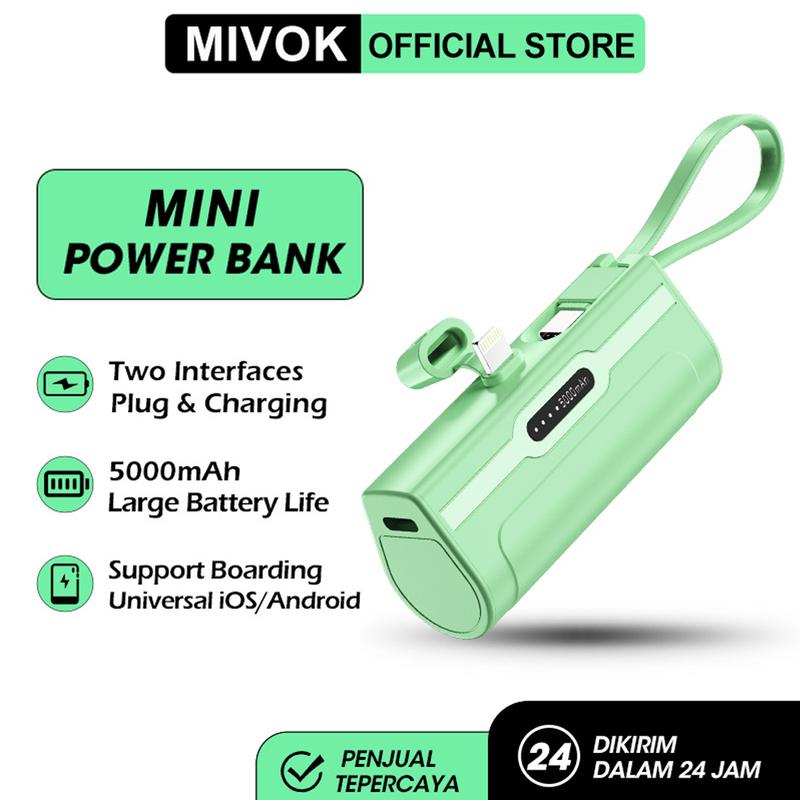【MIVOK】 Mini PowerBank 5000mAh Portable Dengan Kabel Type-C / iOS Fast ...