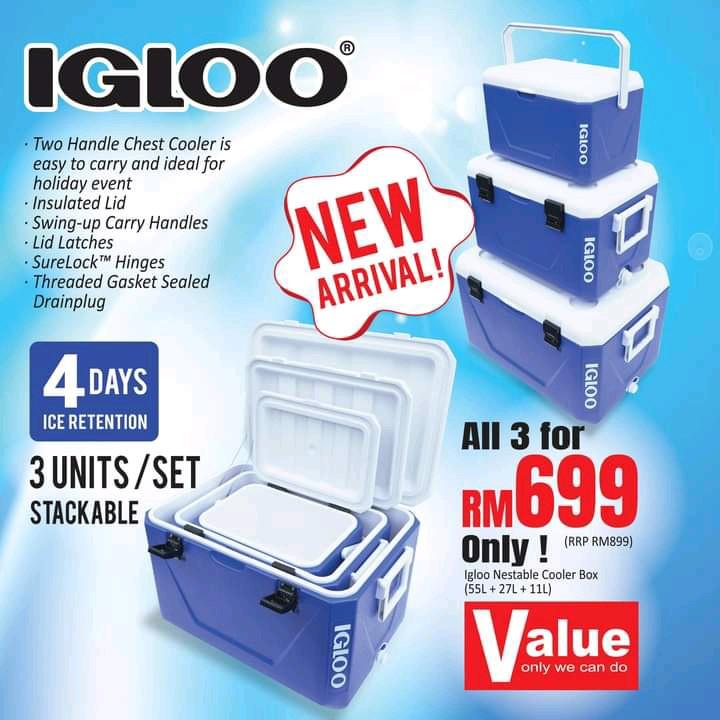 IGLOO (USA) 3-in-1 Nestable Cooler Box Set (55L+27L+11L) 4 Days ...