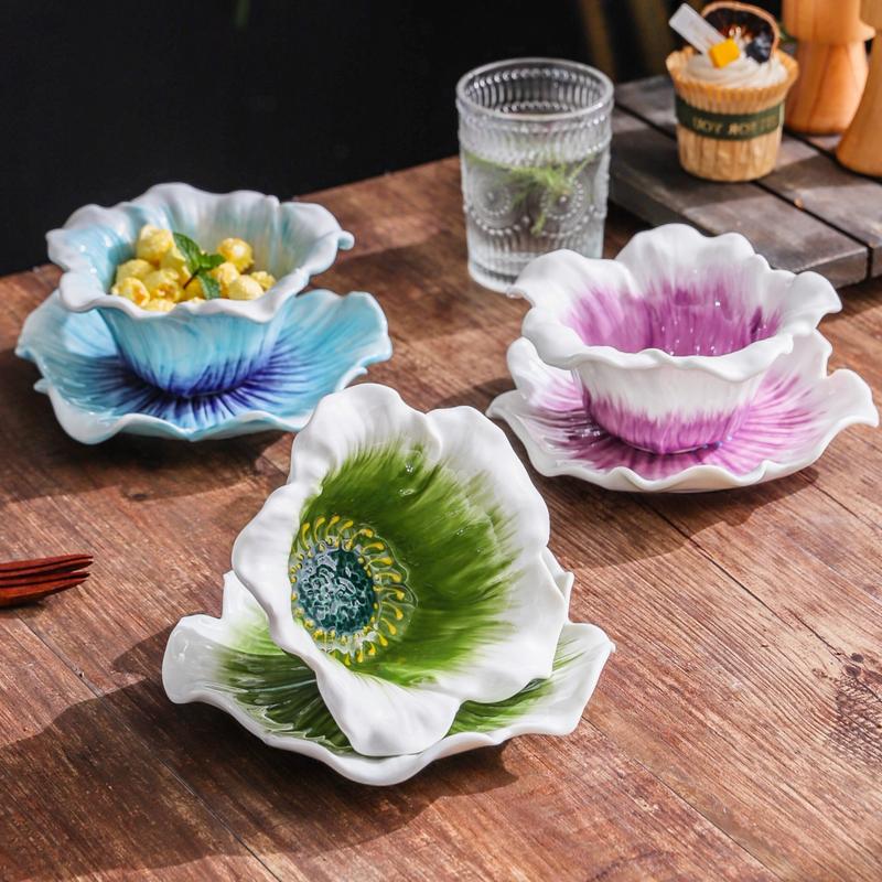 Set pinggan mangkuk seramik bunga magnolia tiruan,termasuk mangkuk ...