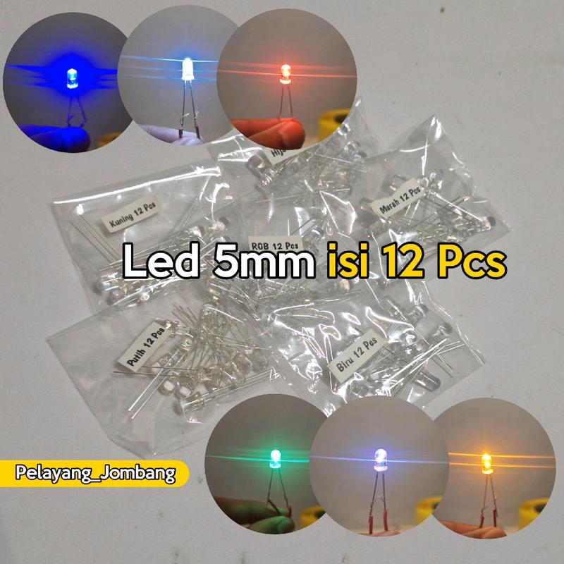 Lampu Led 5mm 12pcs body bening, warna biru, merah, hijau, putih ...