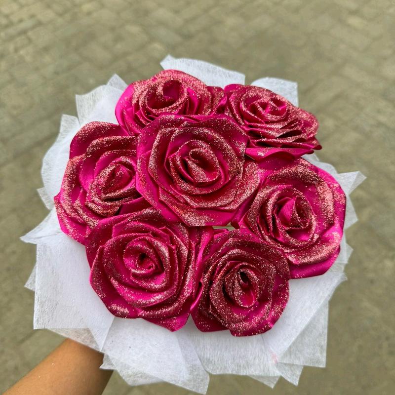 7 Tangkai Bunga Pita Satin Bunga Buket SUDAH ADA GLITTER DAN BATANG NYA ...
