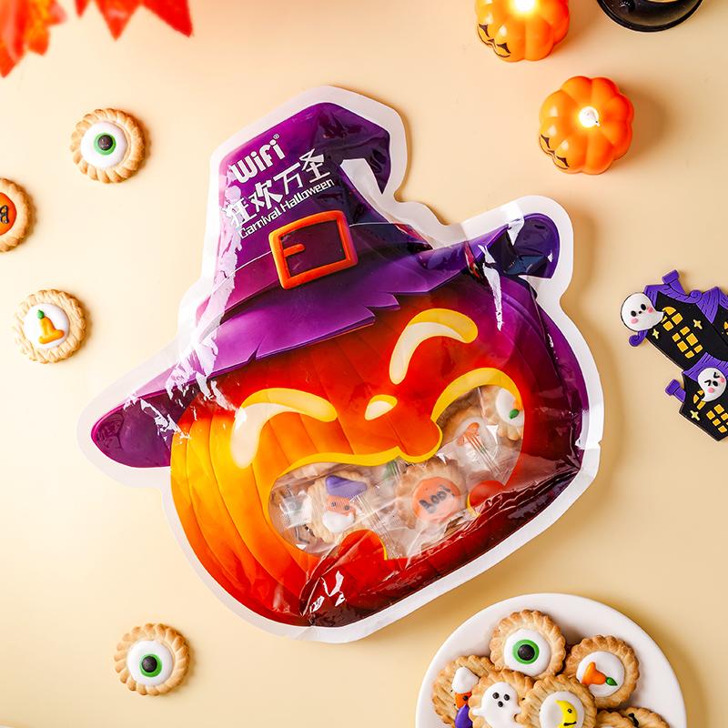 Kek bulat hiasan tema Halloween, berbentuk kartun seperti labu dan ...