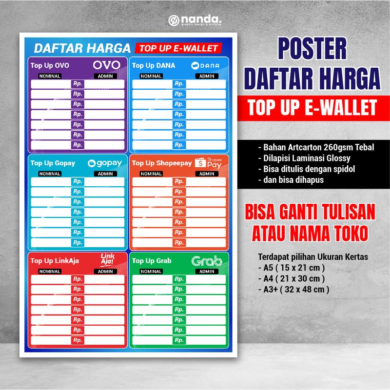 Poster Daftar Harga Topup E-Wallet – Cetak A5 A4 A3+ | Artcarton - Shop ...