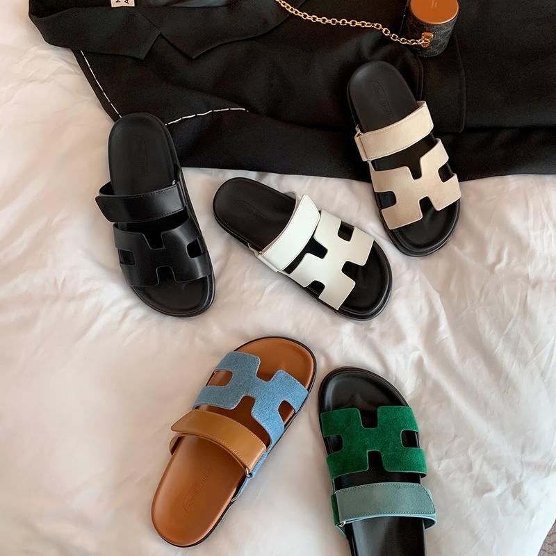 Slippers women's leather Velcro casual thick sole H slippers - TikTok ...