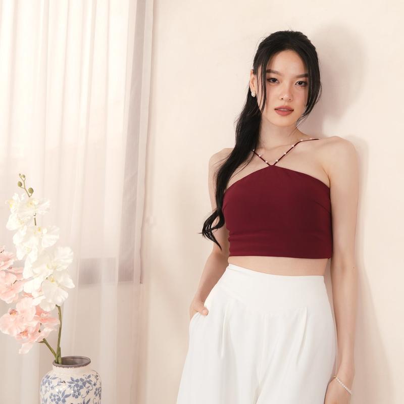 Bowie Padded Halter Neck Pearl Strap Top in Maroon - TikTok Shop Singapore
