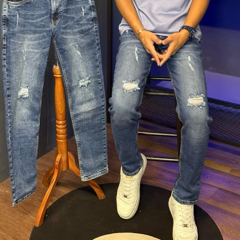 (Rs) Jeans slimfit ripped mide blue wash - TikTok Shop Malaysia