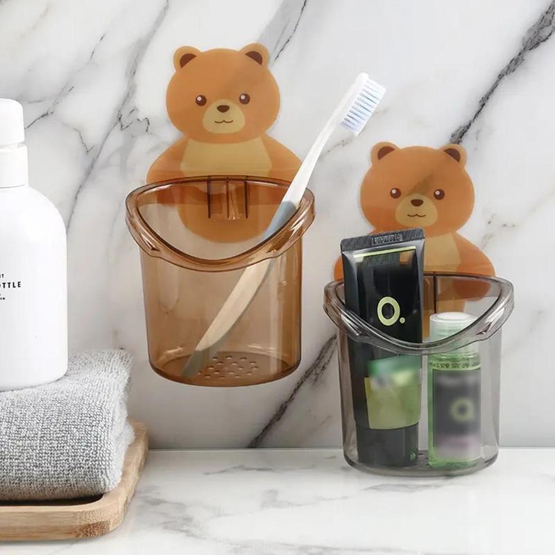 Cartoon Teddy Bear Hole Free Wall Hanging Storage Cup Toothpaste ...