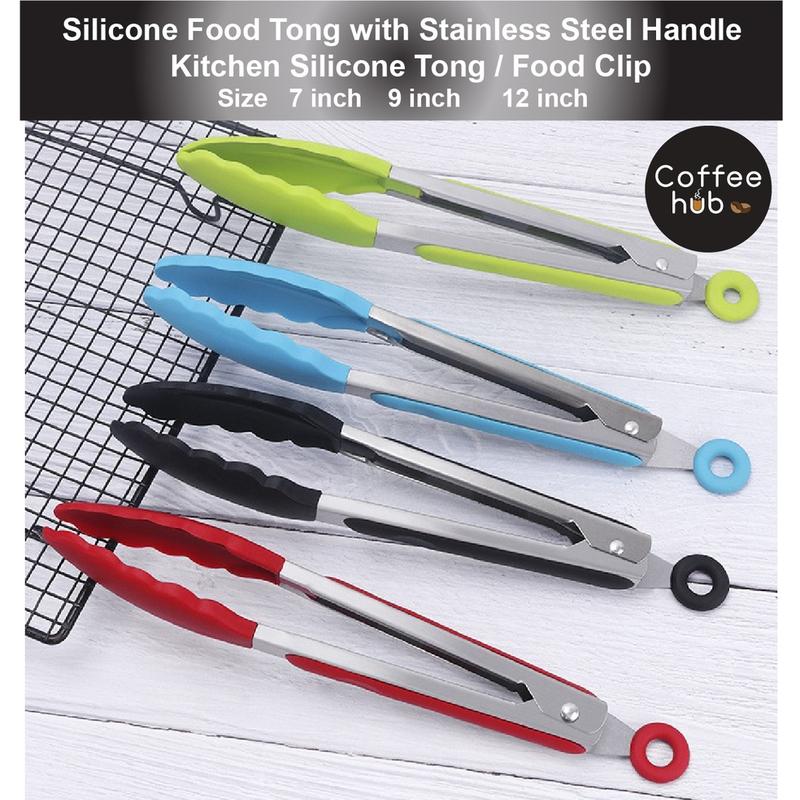 (READY STOCK) Solid 7/9/12 Inch Silicone Food Tong with Stainless ...